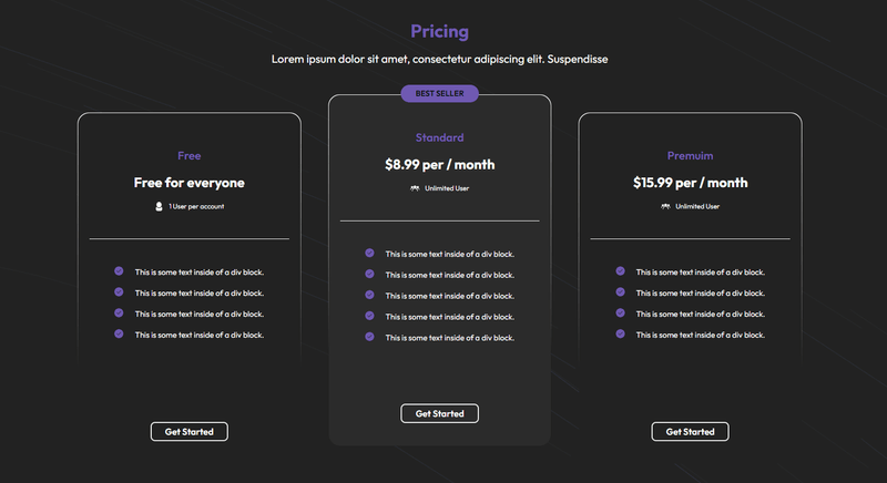 3 Tier SaaS Pricing Table | Free Webflow Component
